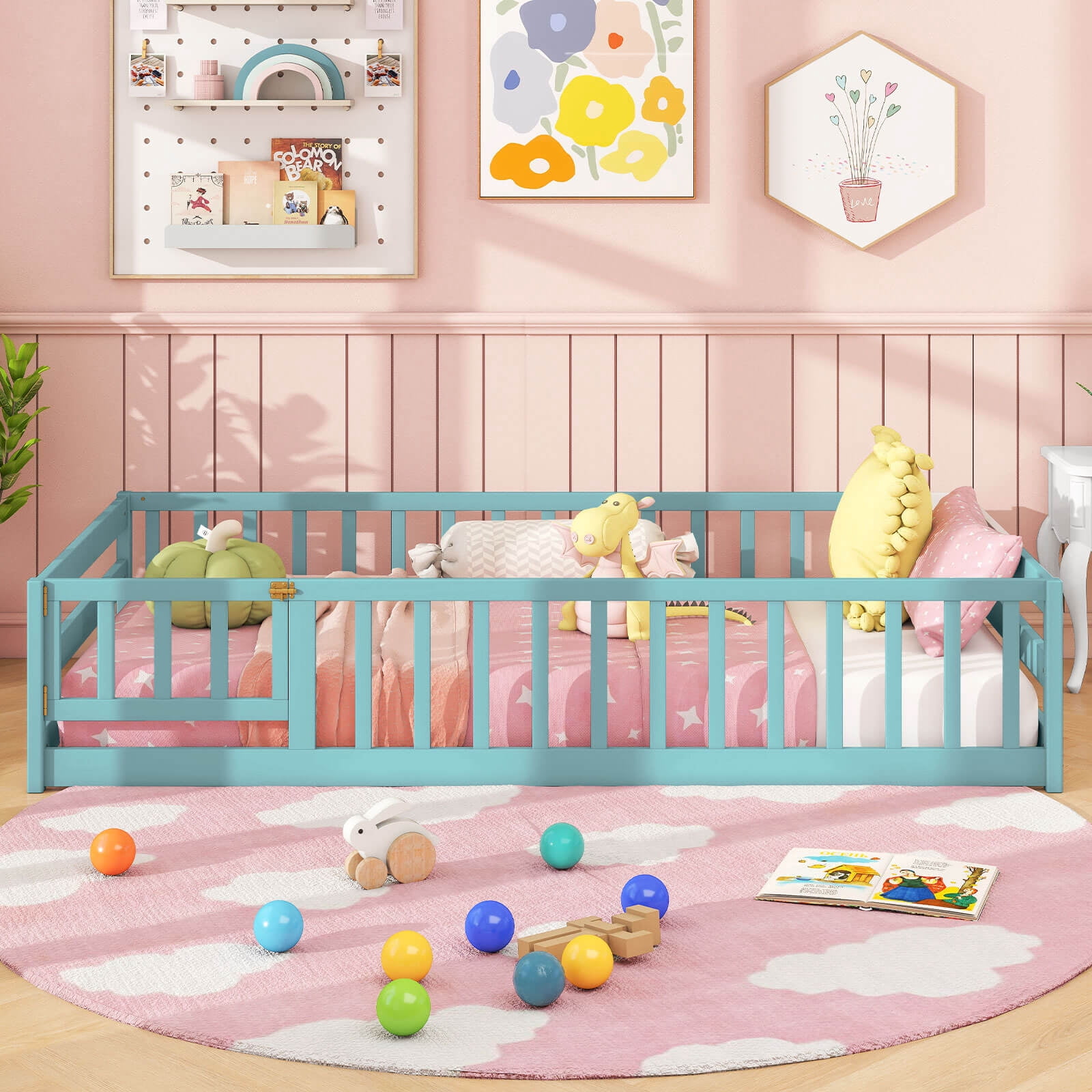 Costway Twin Size Wooden Floor Bed with Full Length Safety Guardrails ...