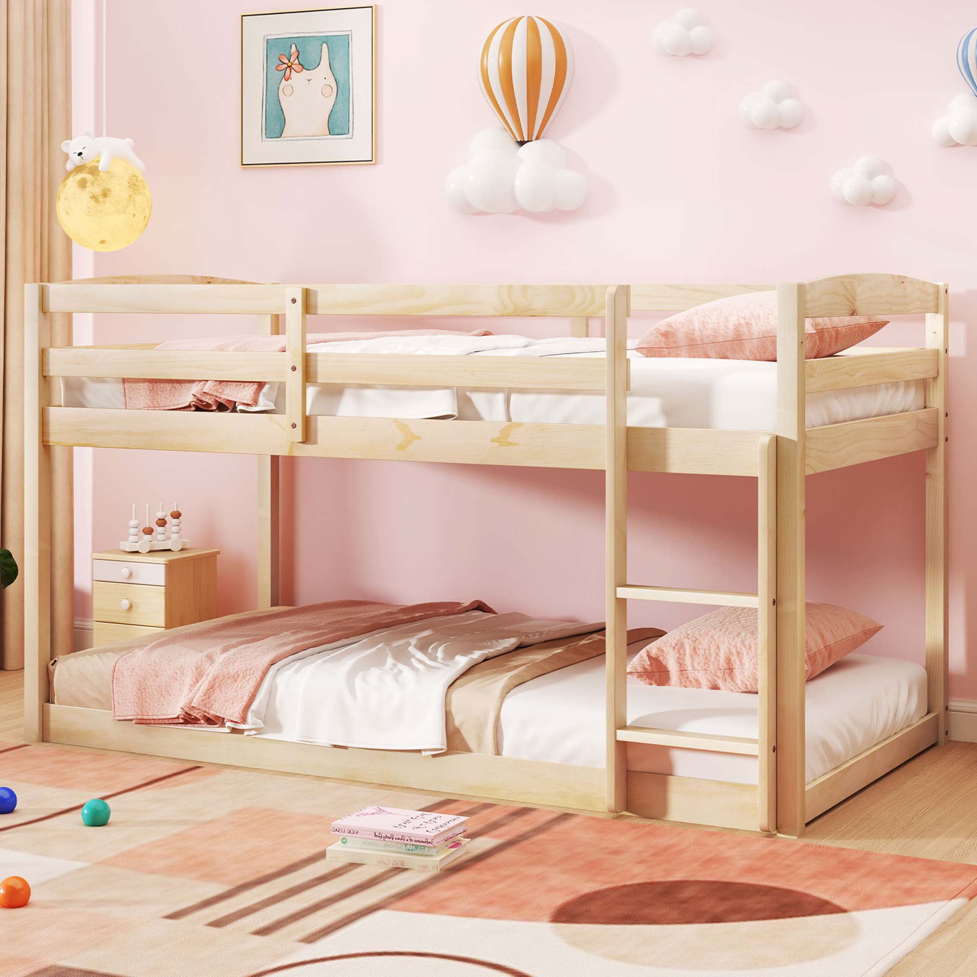 Costway Twin over Twin Low Bunk Bed with Guardrails Integrated Ladder ...