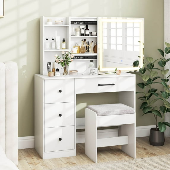 Costway Vanity Desk with Sliding Mirror and Lights Makeup Table and ...