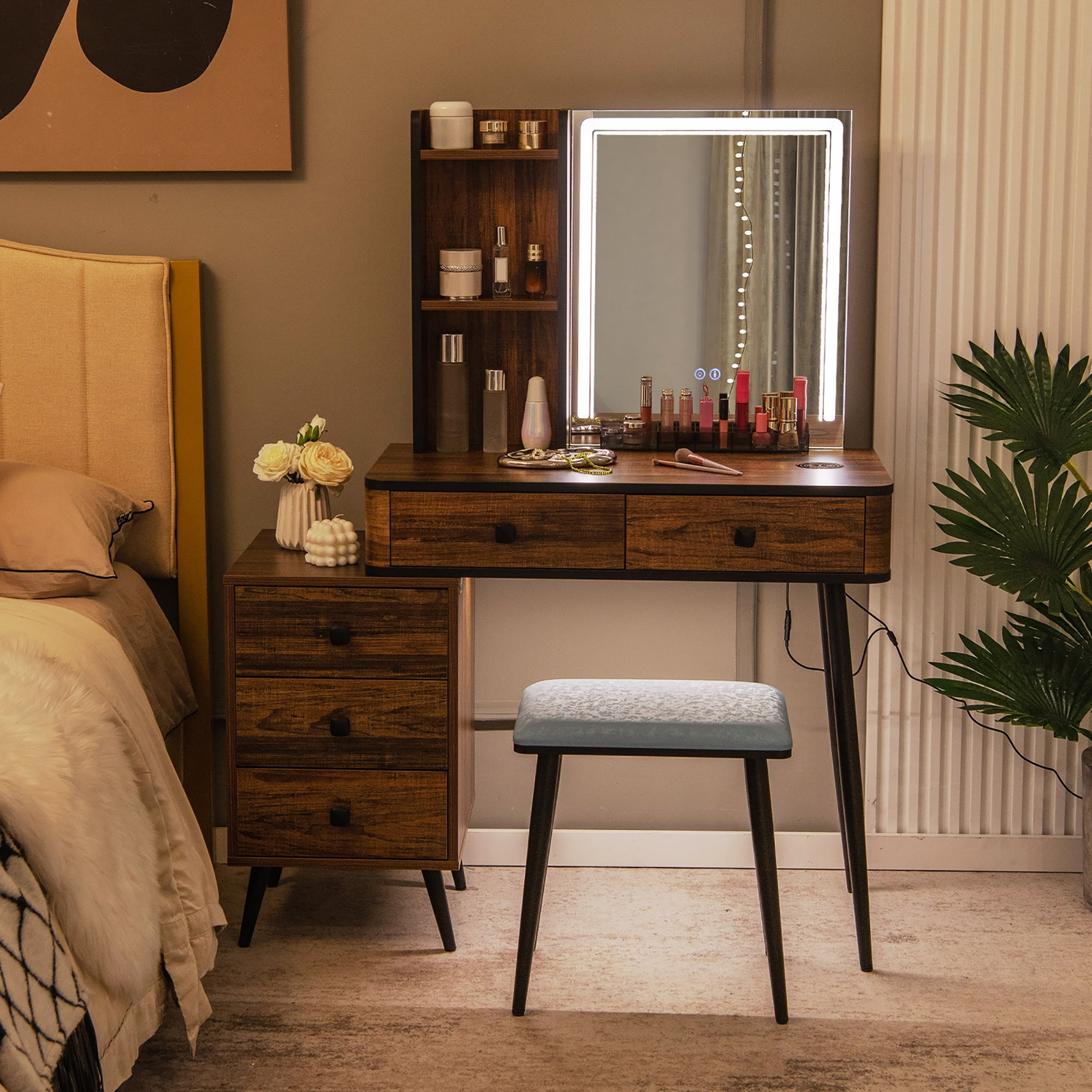 Costway Vanity Set with Dimmable LED Lighted Mirror, 3-Drawer Chest ...