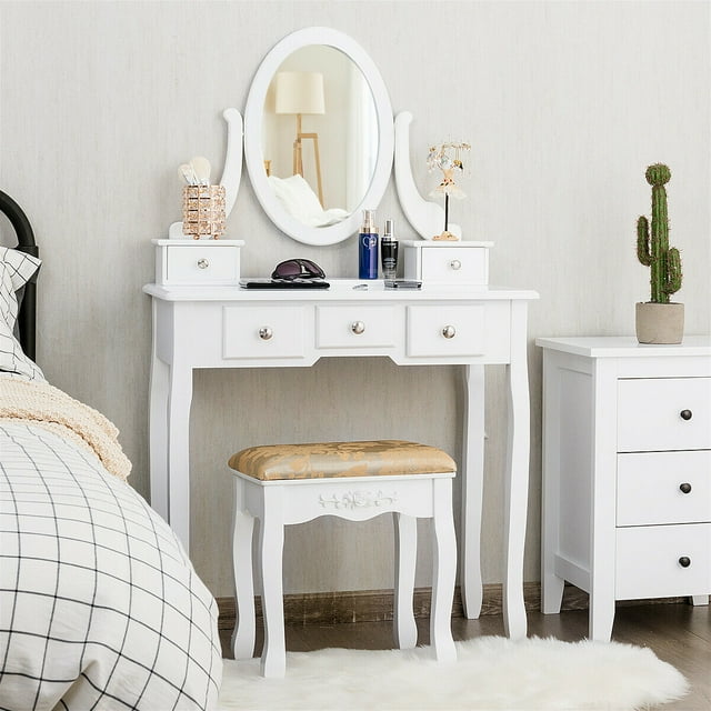 Costway Wooden Vanity Table Set with Storage, Mirror, Drawers, and ...