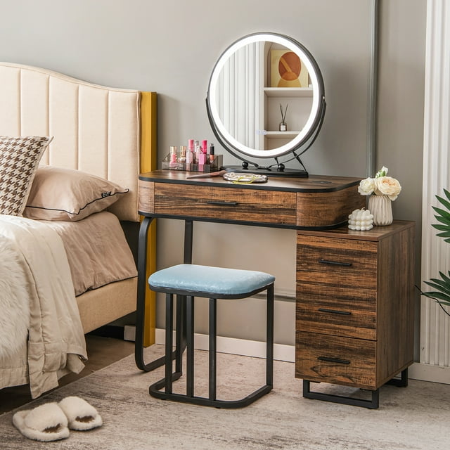 Free Shipping! Costway Mirror Vanity Table Set 3-Color Dimmable Human ...
