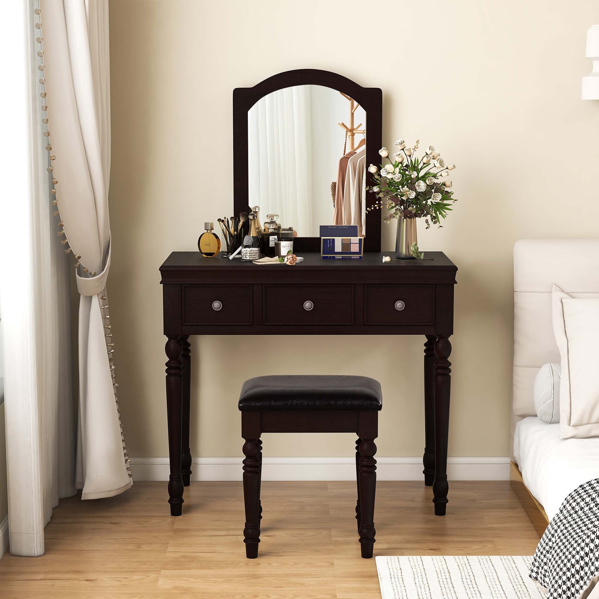 Costway DRESSING Vanity Table Makeup Desk Set W/ 3 Drawer, Cushioned ...