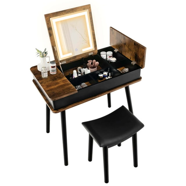 Costway Vanity Table Set w/ Flip Top Mirror Lights USB Port Cushioned ...