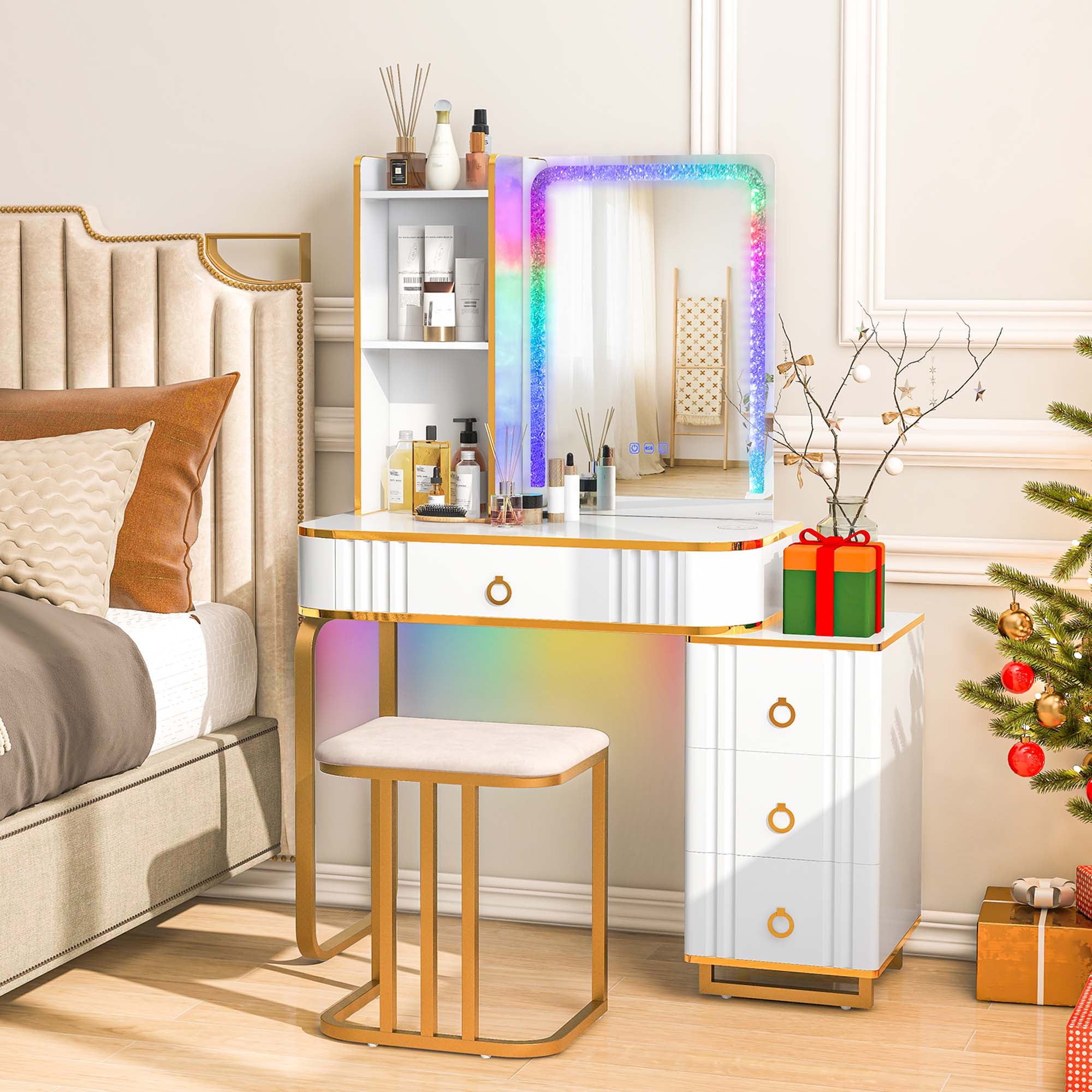 Costway Vanity Table Set with RGB LED Lights Crystal Crush Diamond ...