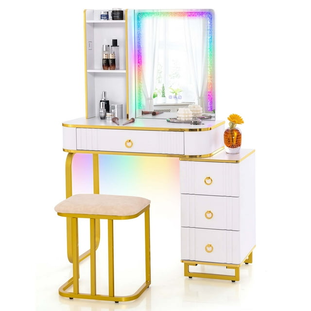 Costway Vanity Table Set with RGB LED Lights Crystal Crush Diamond ...
