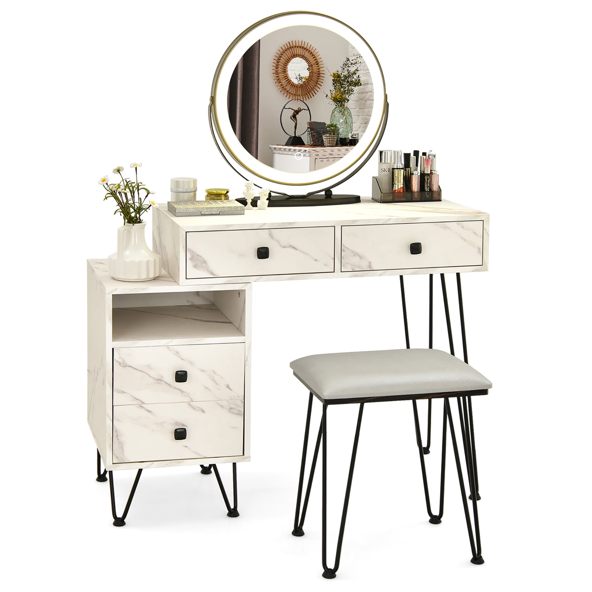 Costway Vanity Table Stool Set Dimmer LED Mirror Large Storage Cabinet ...