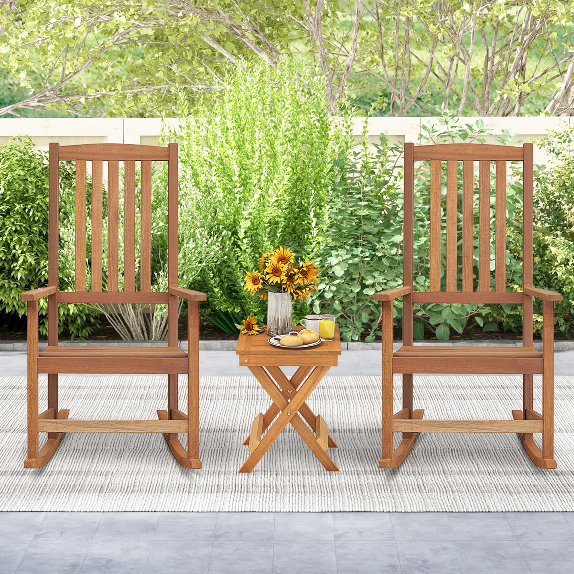 Costway Wood Folding Square Table & 2pcs Rocking Chair Set with Slatted ...