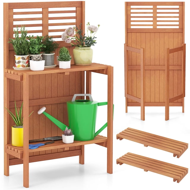 Costway Wood Garden Potting Bench with 2-Tier Open Shelf & Outside ...