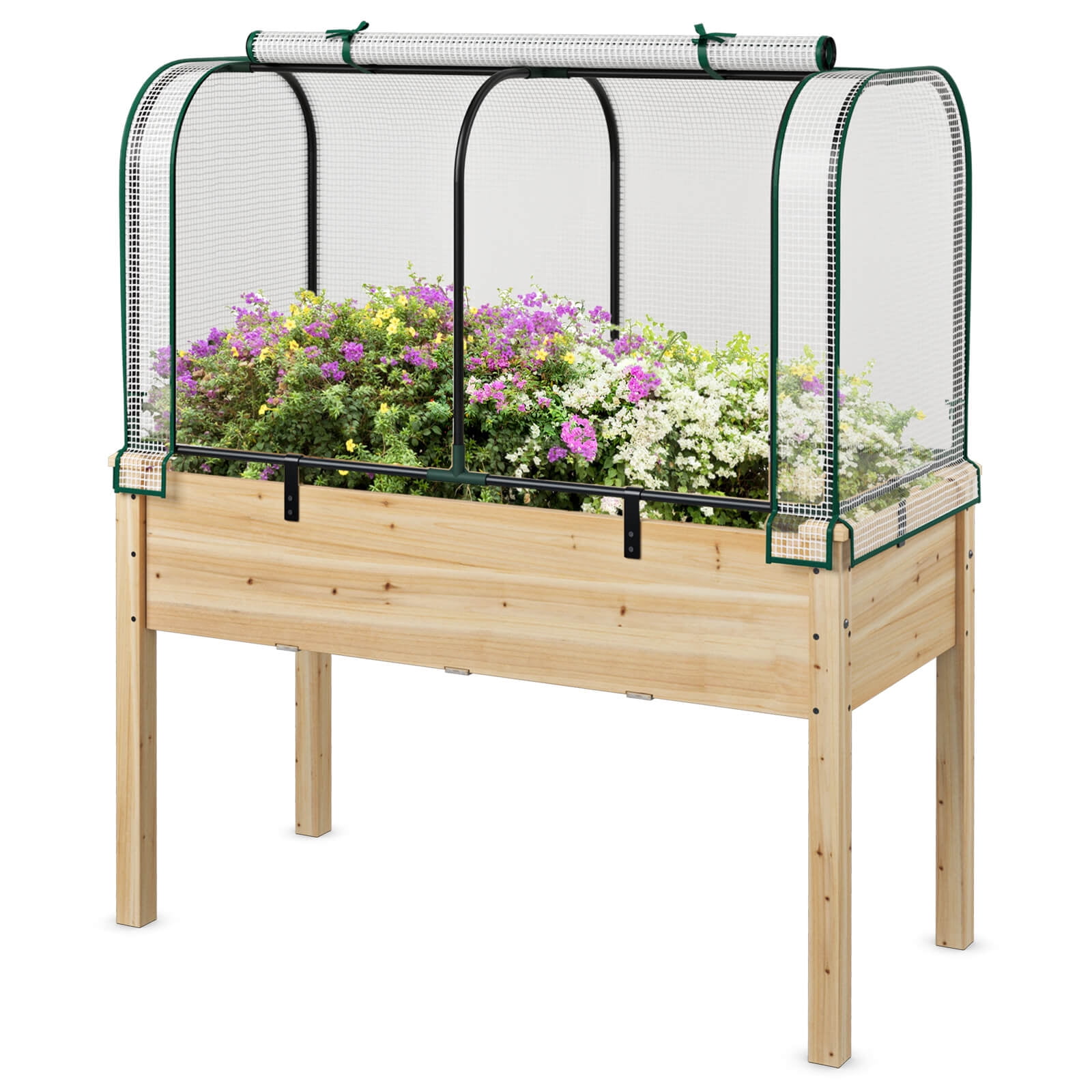 Costway Wood Raised Garden Bed with Greenhouse Cover Mini Portable ...