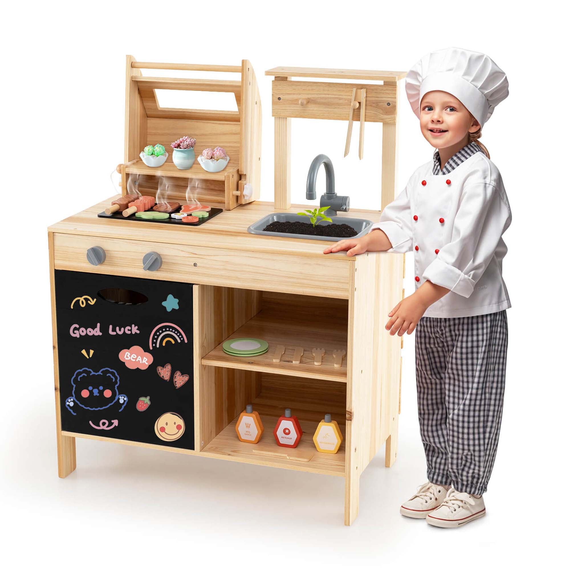 Costway Wooden Barbecue Grill Playset with Play Food Grilling Tools ...