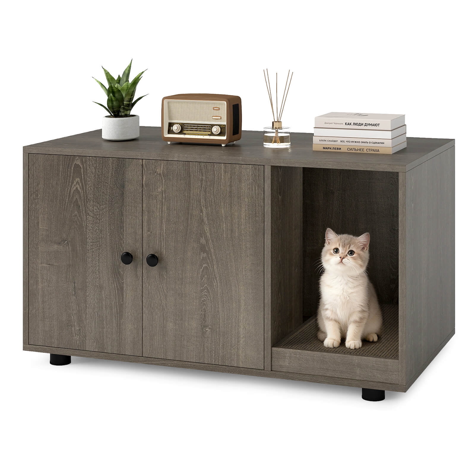 Costway Wooden Cat Litter Box Enclosure, Hidden Litter Box Furniture ...