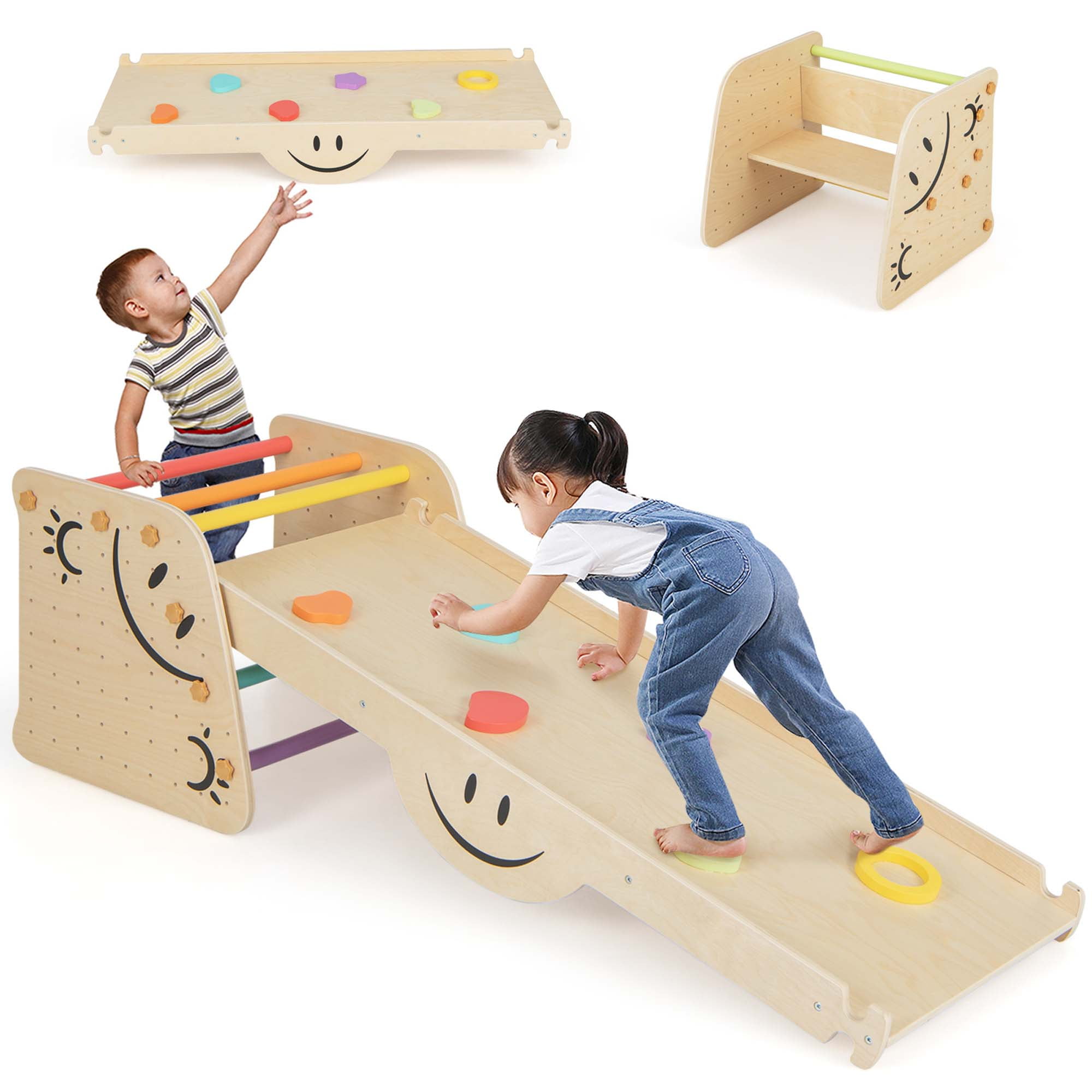 Costway Wooden Climbing Toy Triangle Climber Set of 2 with Seesaw Dual ...