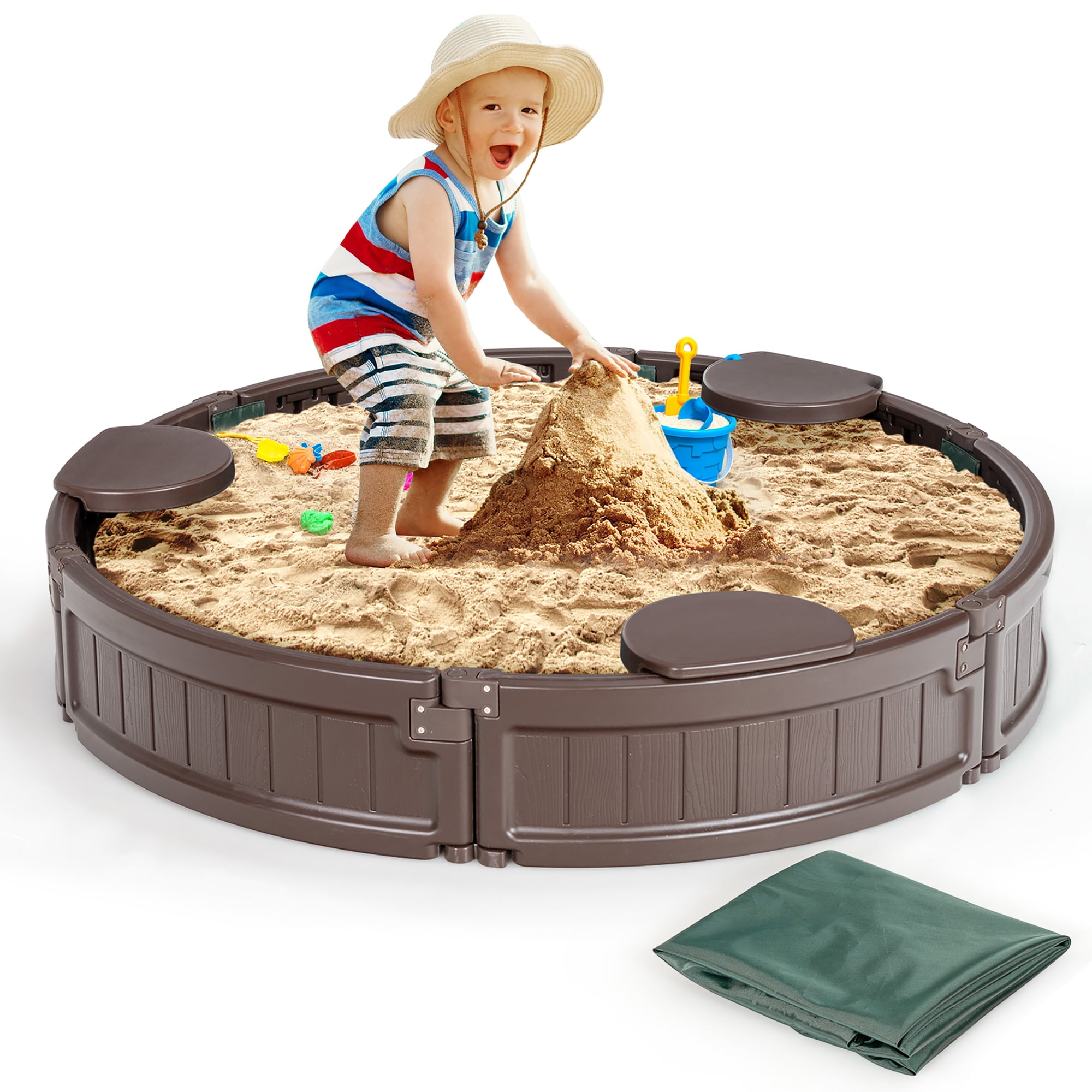 Costway Wooden Sandbox with Built-in Corner Seat, Cover, and Bottom ...