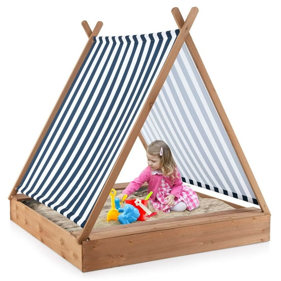 Costway Wooden Sandbox with Canopy Tent Design Fir Wood Frame 2 Bench ...