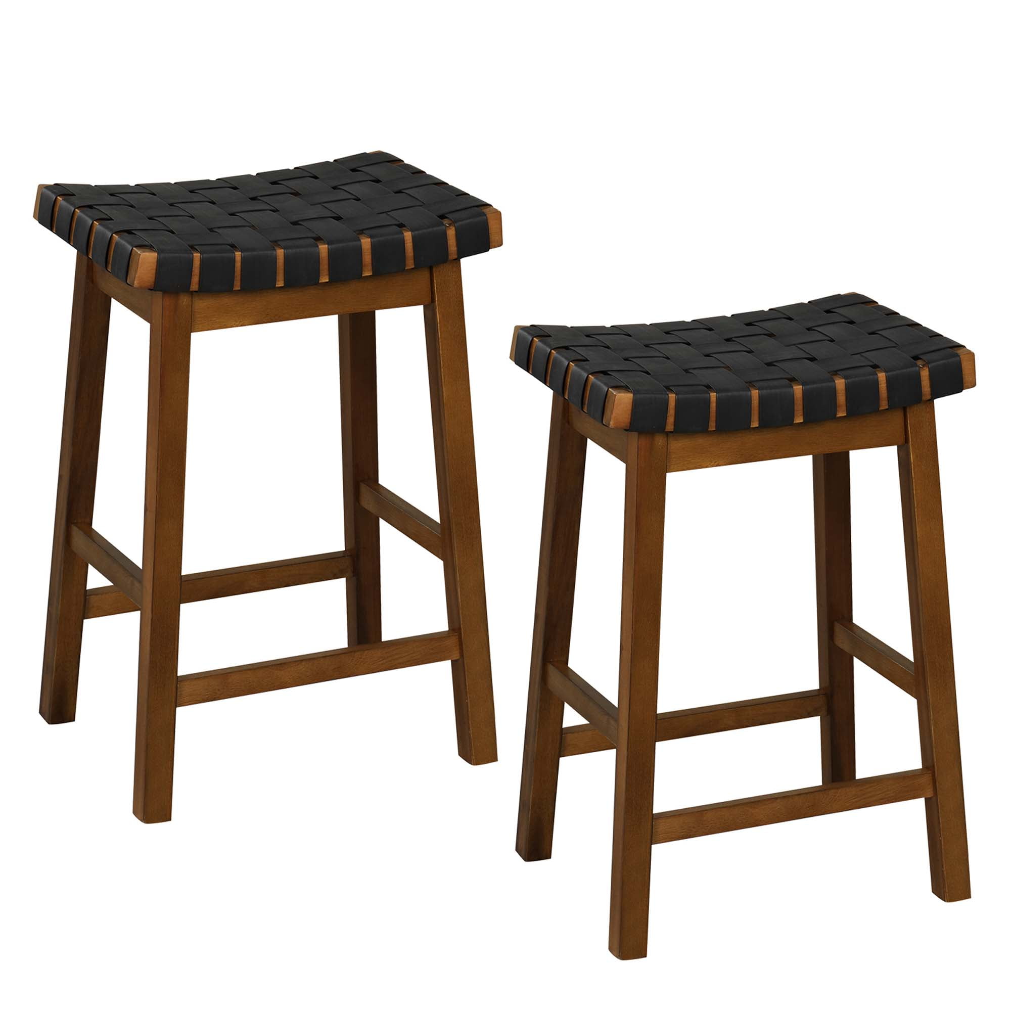 Costway Woven Saddle Stools, Set of 2, 25.5'' Faux PU Leather, Counter ...
