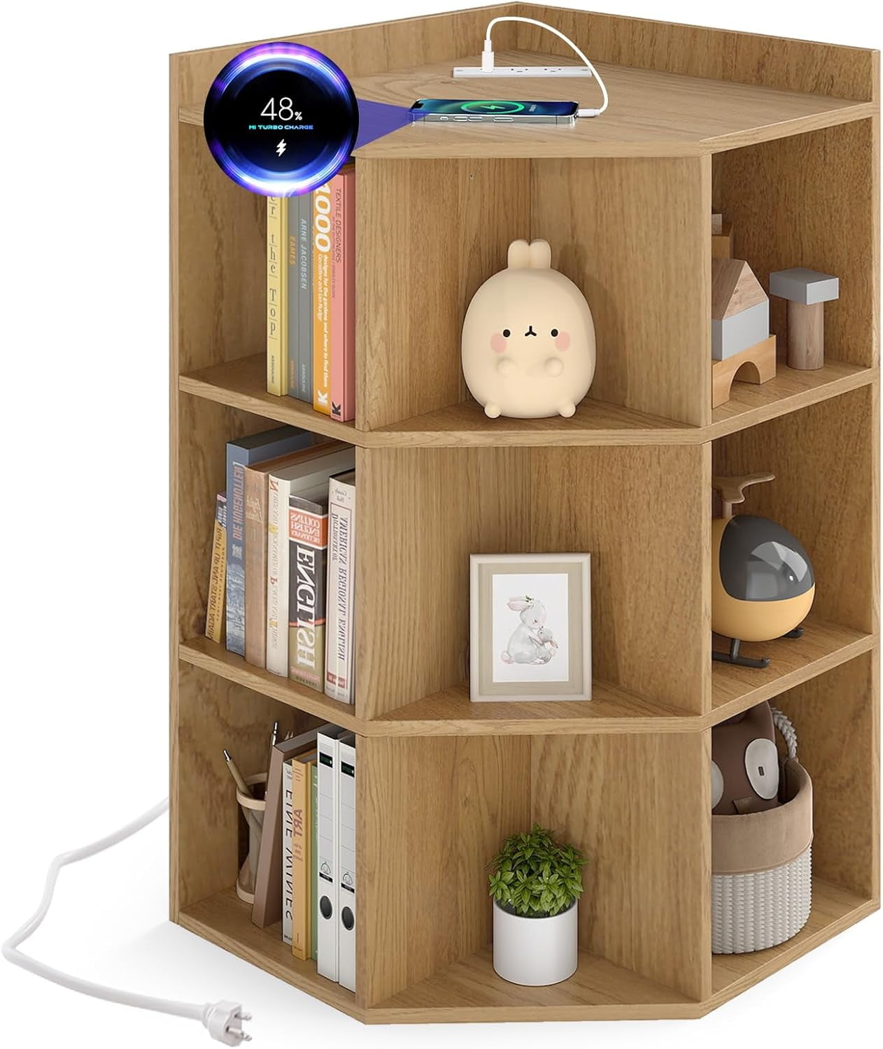 Costzon Corner Toy Storage Organizer, 3-Tier Wooden Cabinet with USB ...