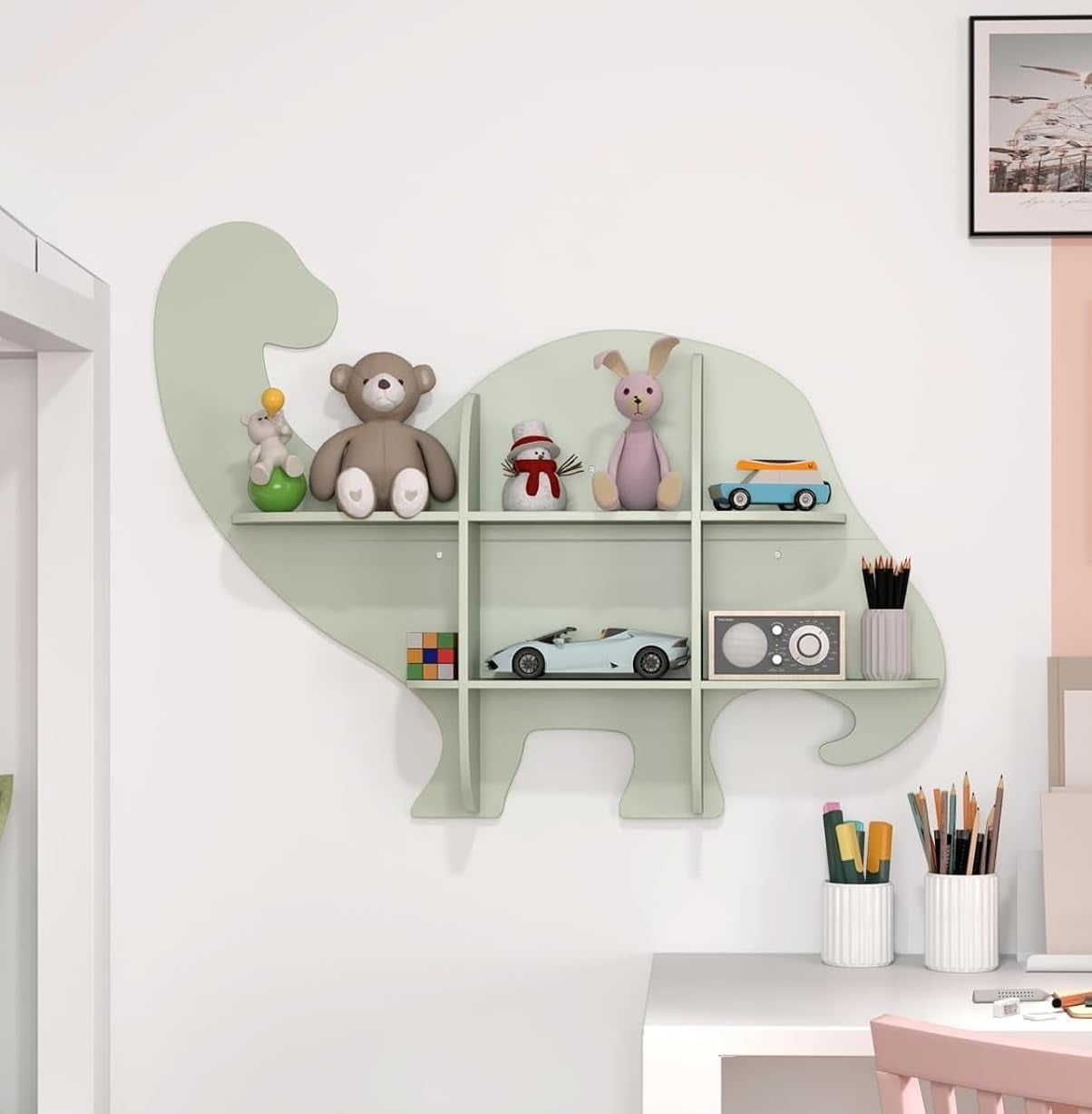 Costzon Dinosaur Wall Mounted Bookshelf, 2 Tier Wooden Nursery Shelves ...