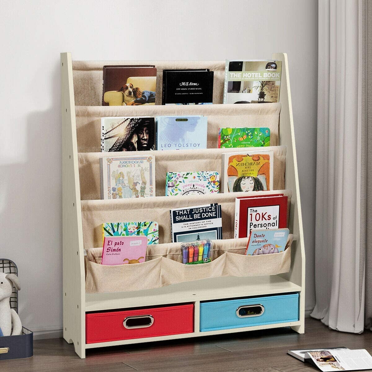 Costzon Kids Bookshelf, Wooden 4 Sling Book Shelves with 2 Pull-Out Toy ...