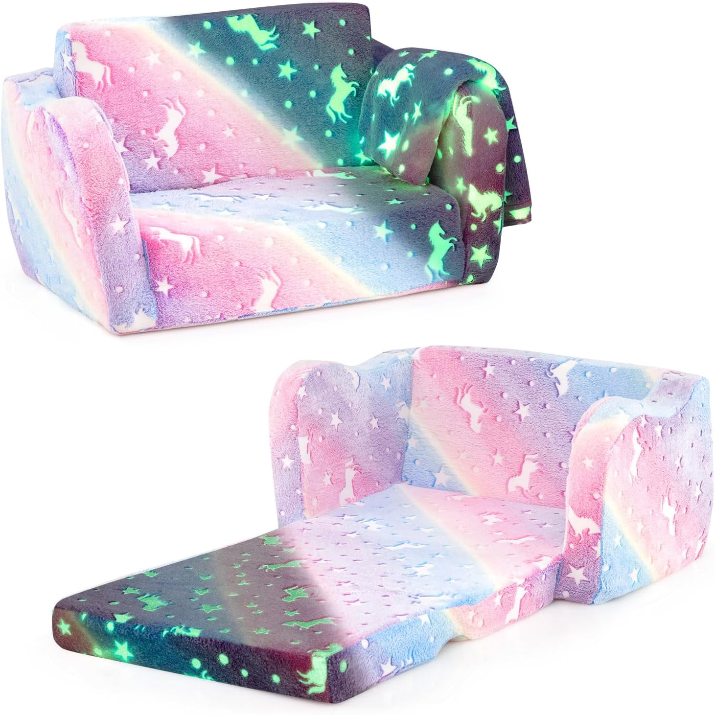 Costzon Kids Couch with Blanket, Glow in The Dark, Folding Toddler Sofa ...