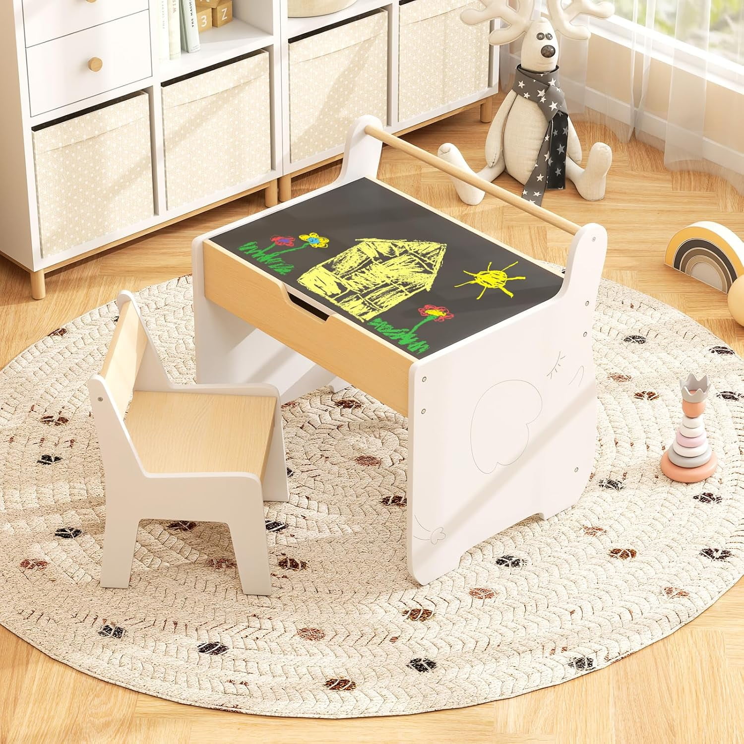 Costzon Kids Table and Chair Set, Wooden Multi-Activity Table with Blackboard, Whiteboard, Paper ...