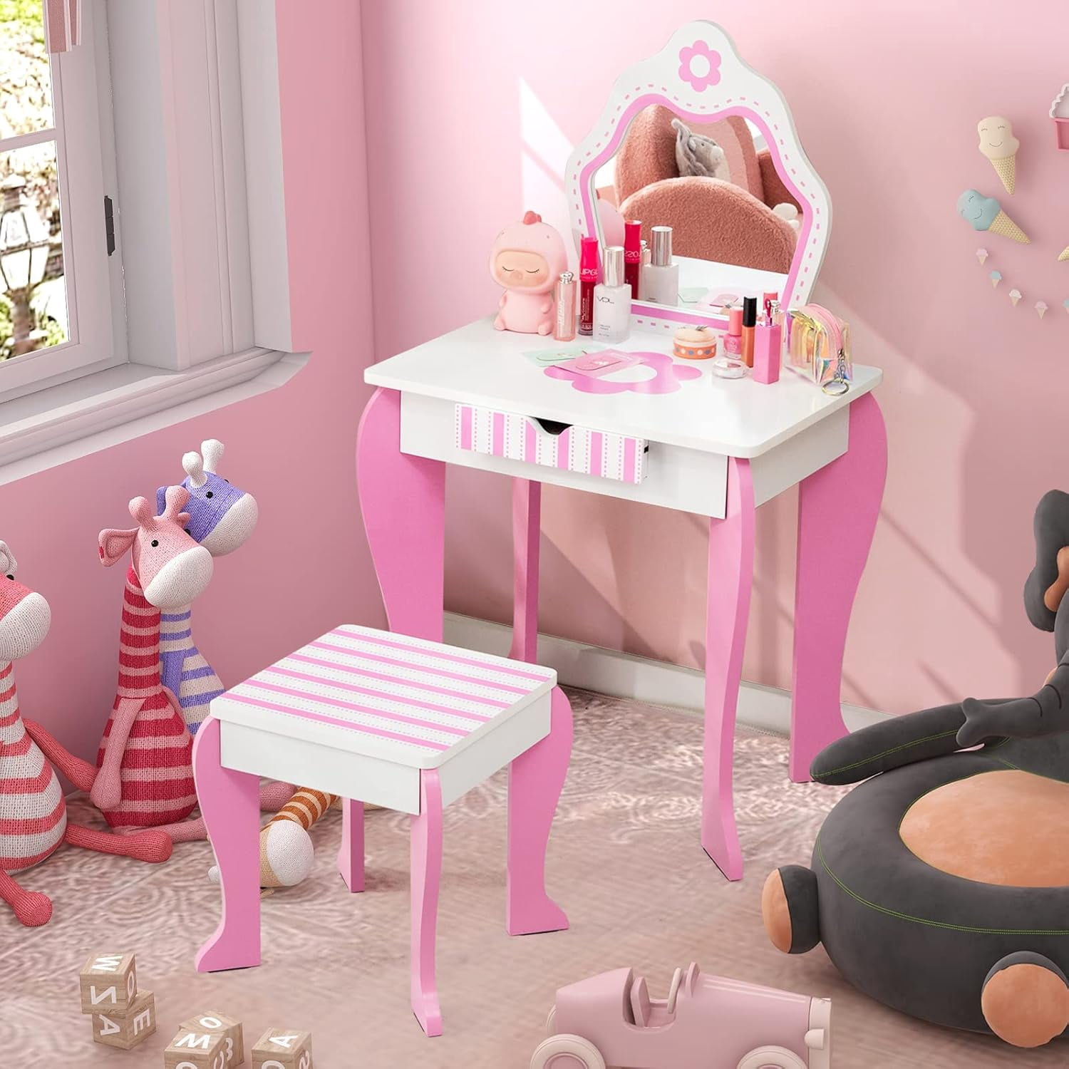 Costzon Kids Vanity, Girls Vanity Set with Mirror and Stool, Storage ...