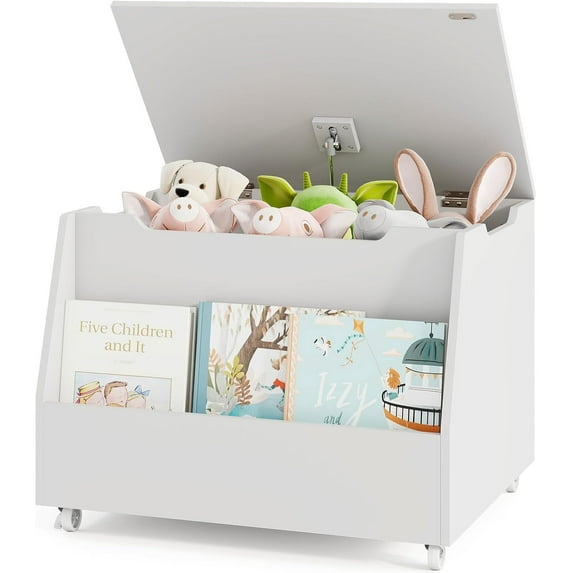 Costzon Toy Box, Wooden Mobile Toy Storage Organizer with Bookshelf ...