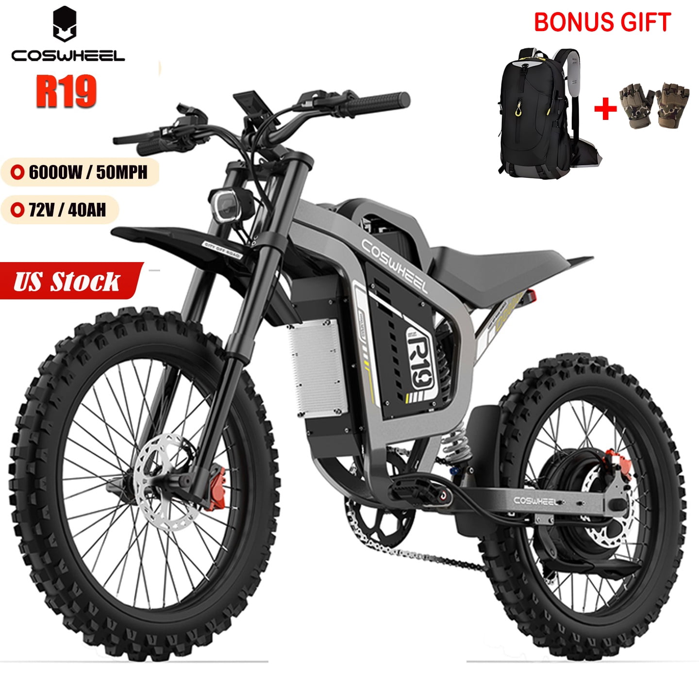 Coswheel R19 50MPH Off-Road Electric Bike for Adults,6000W Peak Motor ...
