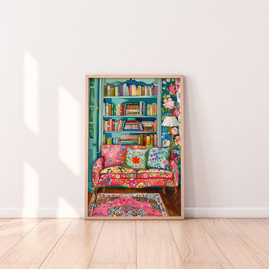 Cosy Bookshelf Colorful Bookworm Reading Nook Decor, Unframed Canvas ...