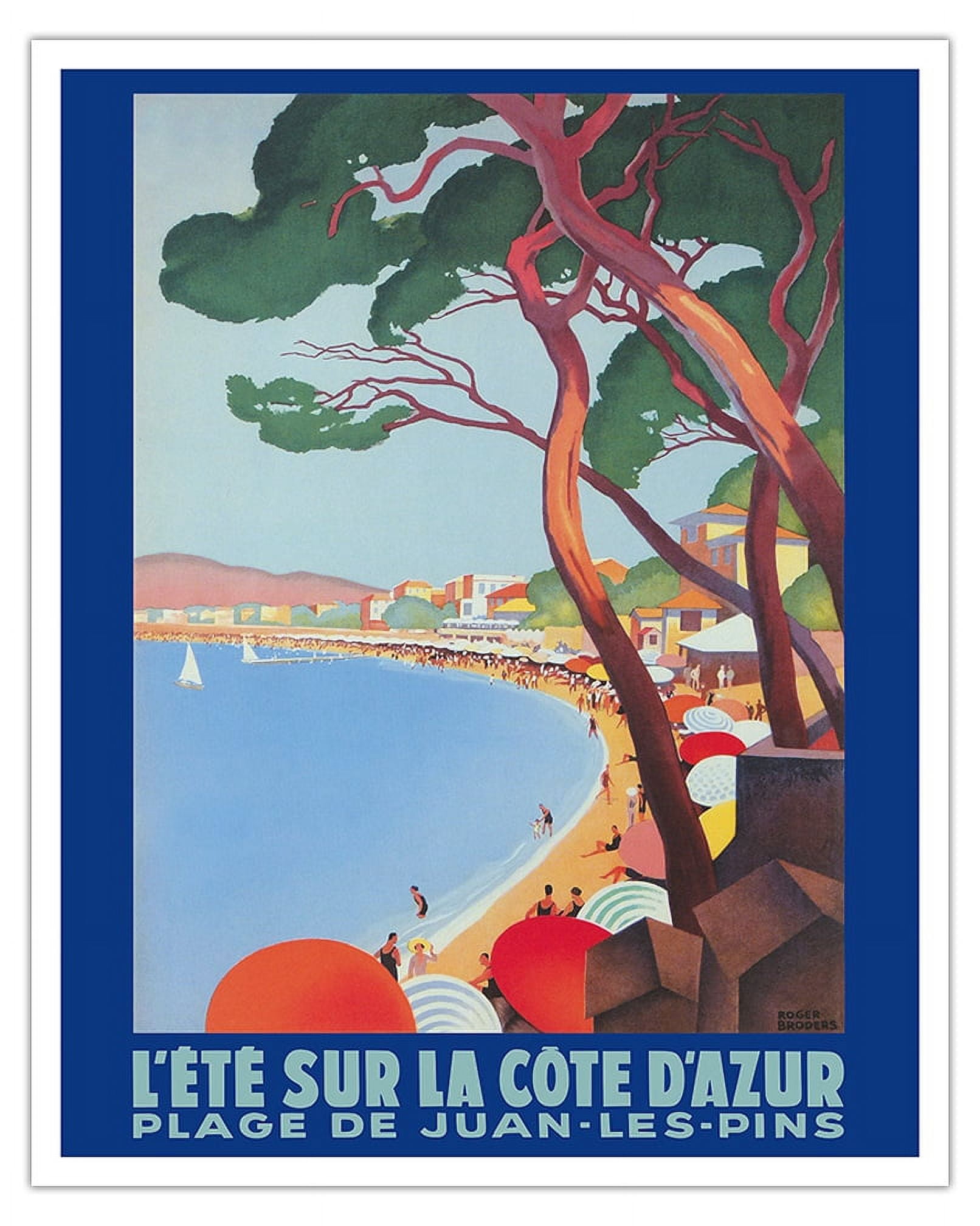 Cote D’Azur - Juan Les Pins Beach - PLM French Railroad - Vintage Railroad Travel Poster by ...