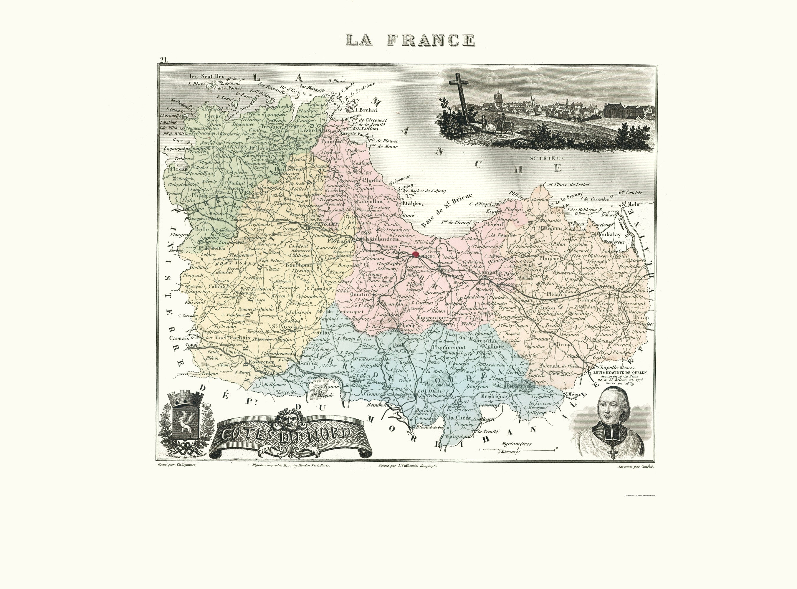 Historic Map - Cotes du Nord Department France - Migeon 1869 - 23 x 31. ...