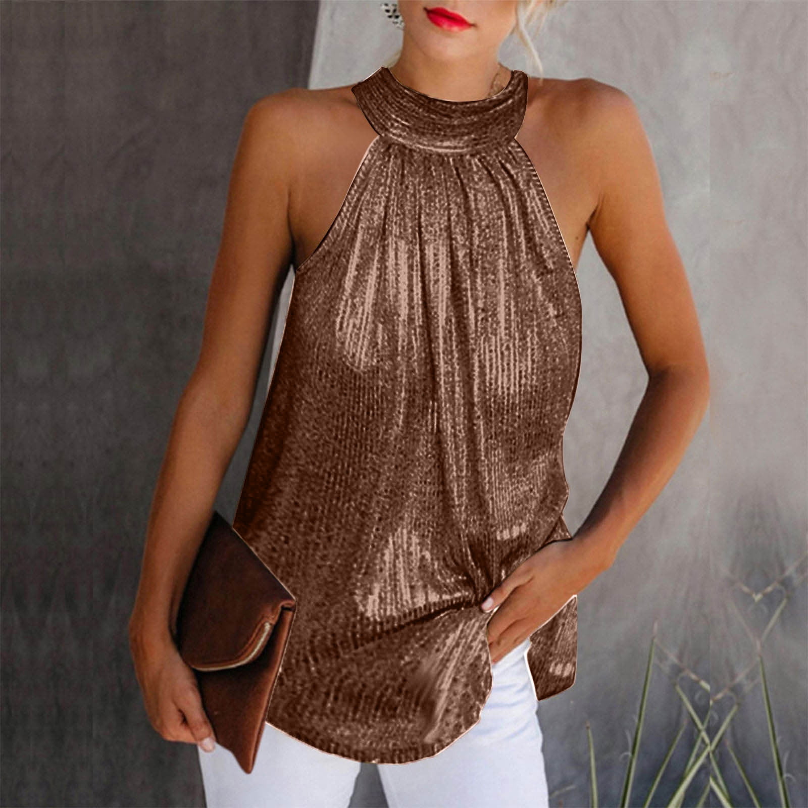 Cotonie Sequined Tank Tops for Women Summer Solid Sparkling Sleeveless ...