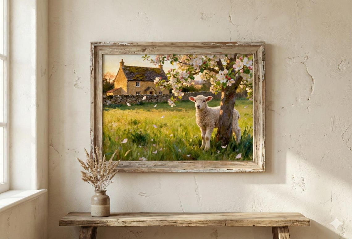 Cotswold Baby Lamb Spring Blossom Farm Scene Cottagecore Decor ...