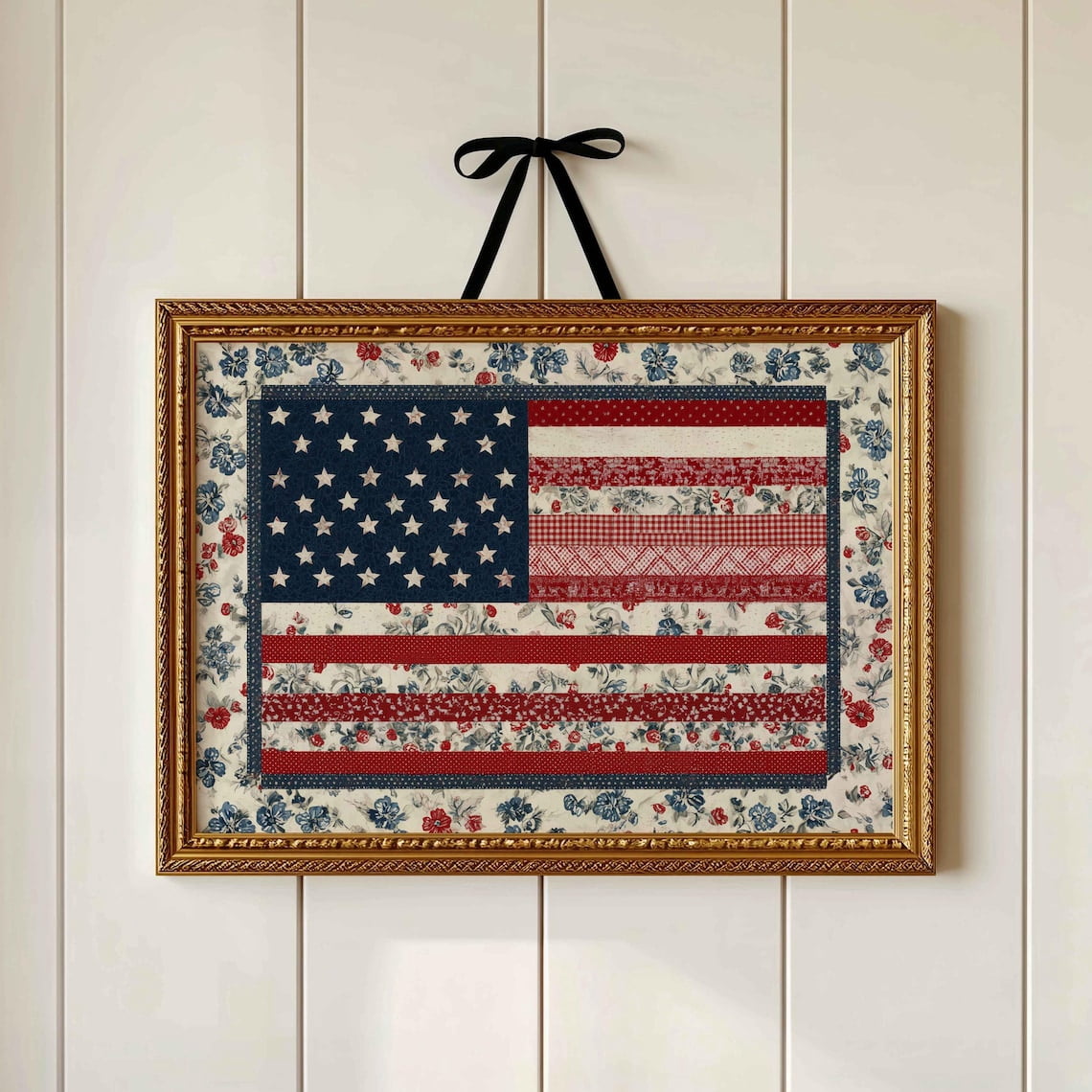 Cottage American Floral Flag Print, July Fourth Decor, Unframed Paper ...