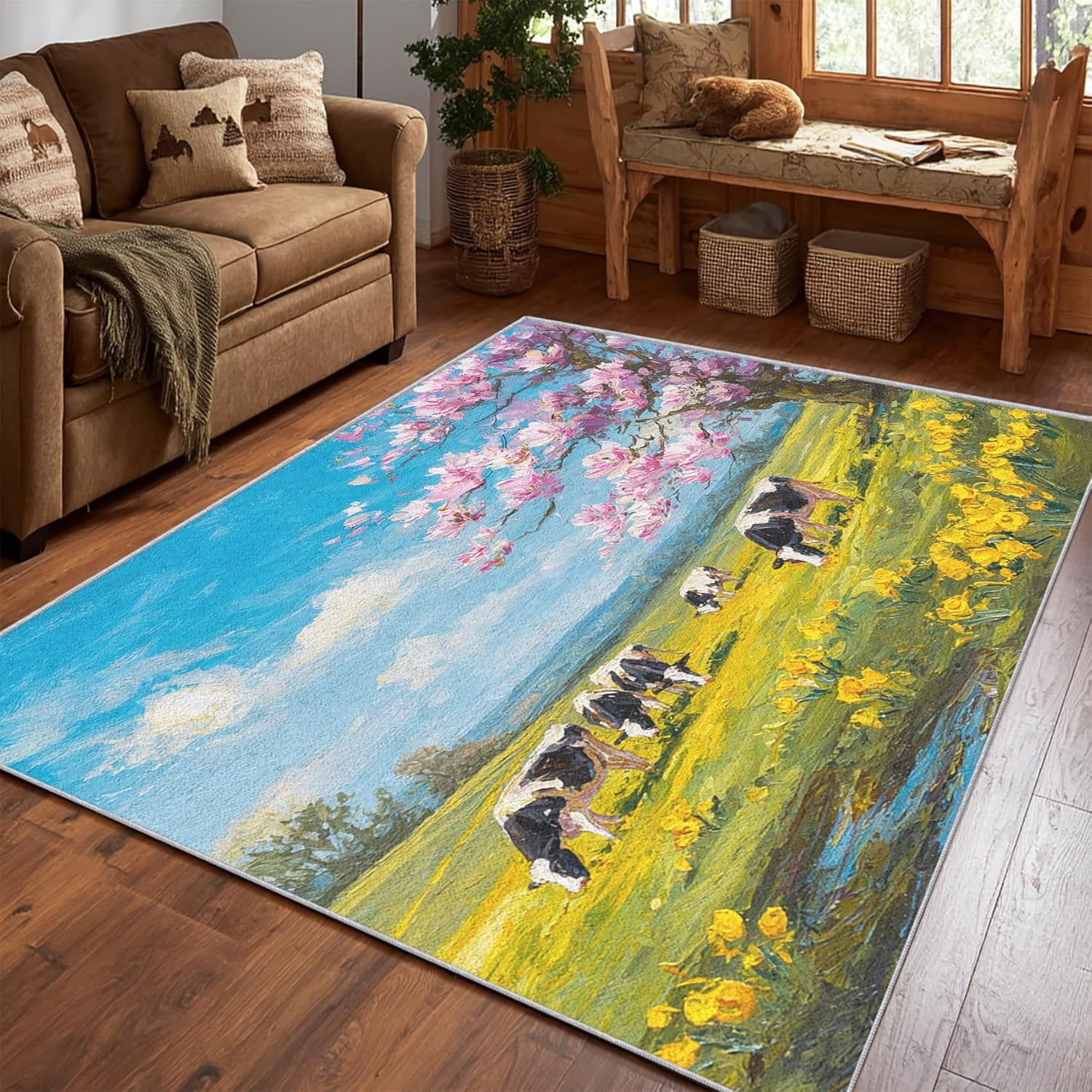 Cottage Core Cow Grass Floral Area Rug, Farmhouse Design Carpet ...