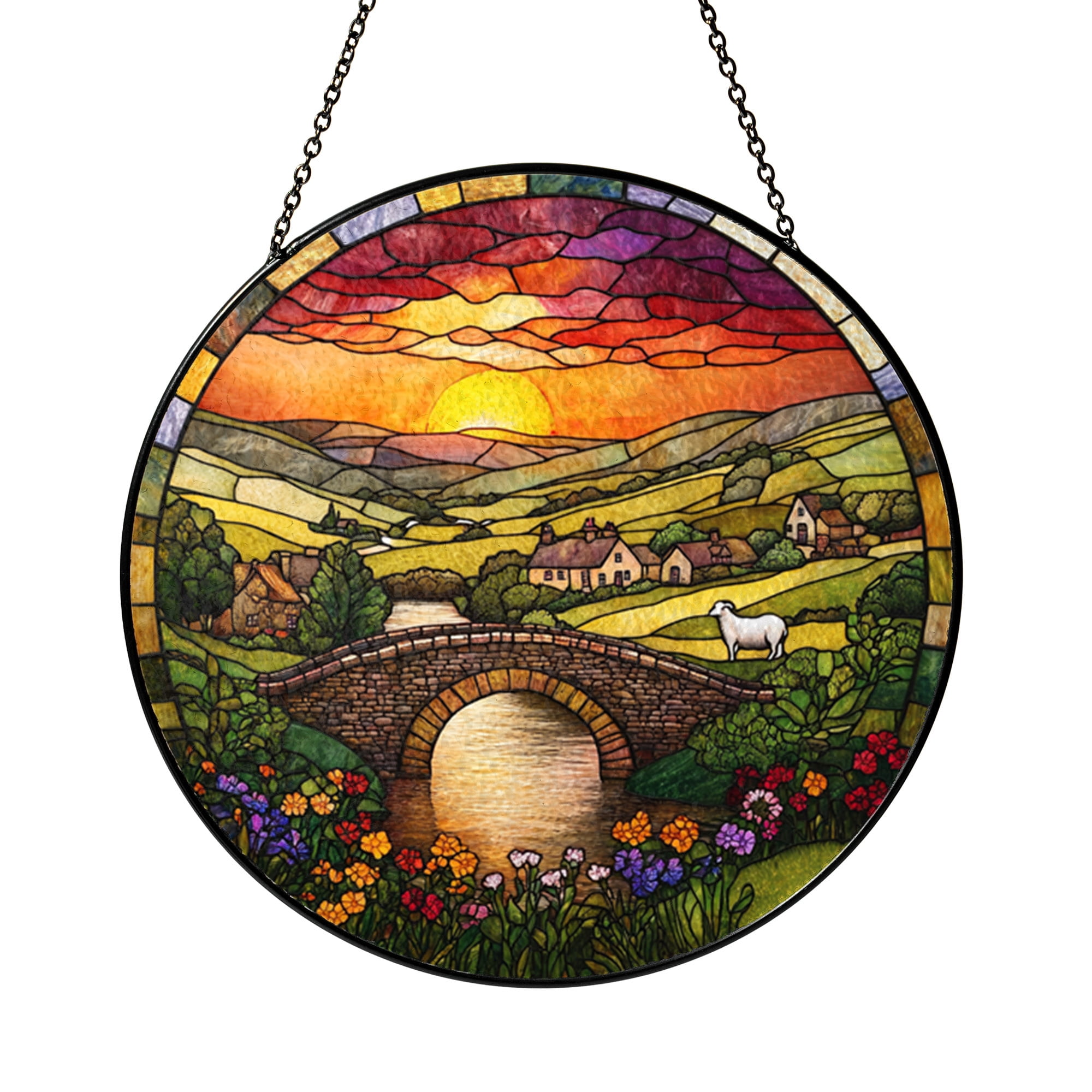 Cottage Farm Stained Glass Style Window Hanging, Sheep Art Panel ...