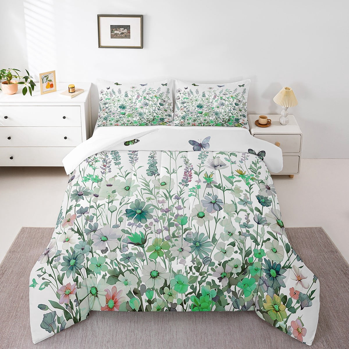 Cottage Flower Queen Comforter Set, Teal Floral Bedding Set,Farmhouse ...