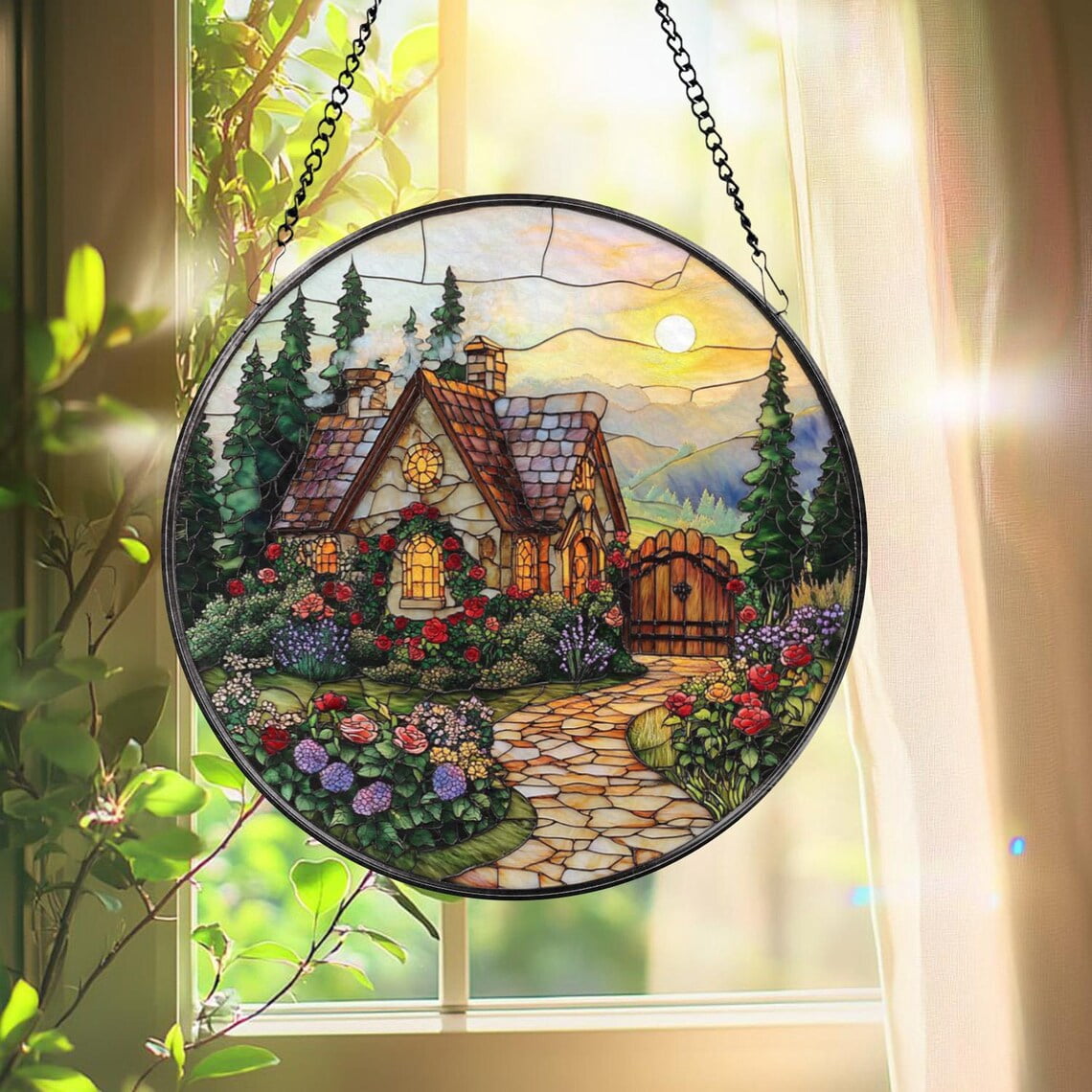 Cottage Garden Glass Suncatcher, Round Fairy House Window Decor, 6.3 in ...