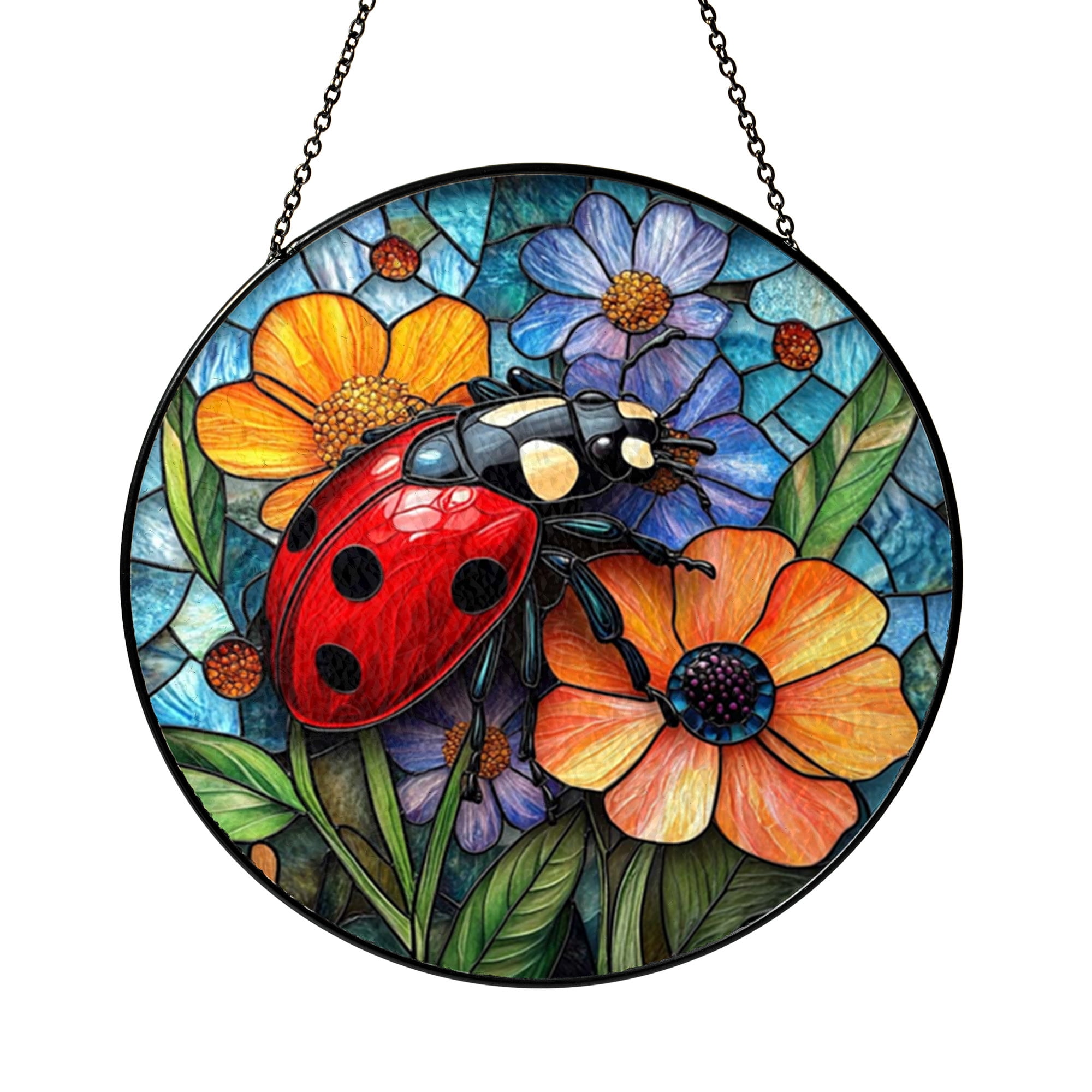 Cottage Garden Ladybug Wildflower Stained Glass Style Window Hanging ...