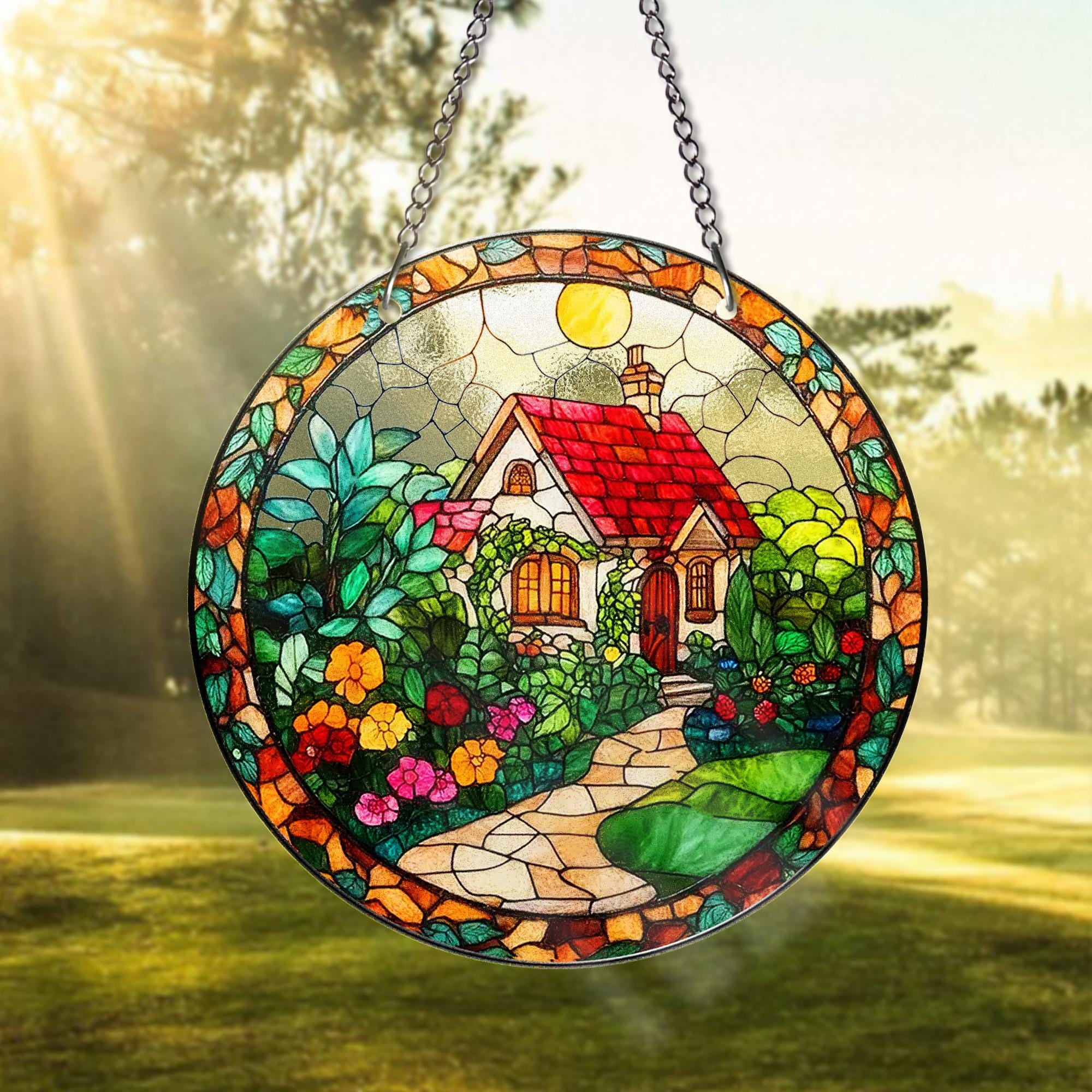 Cottage Garden Stained Glass Suncatcher - Whimsical House Window ...