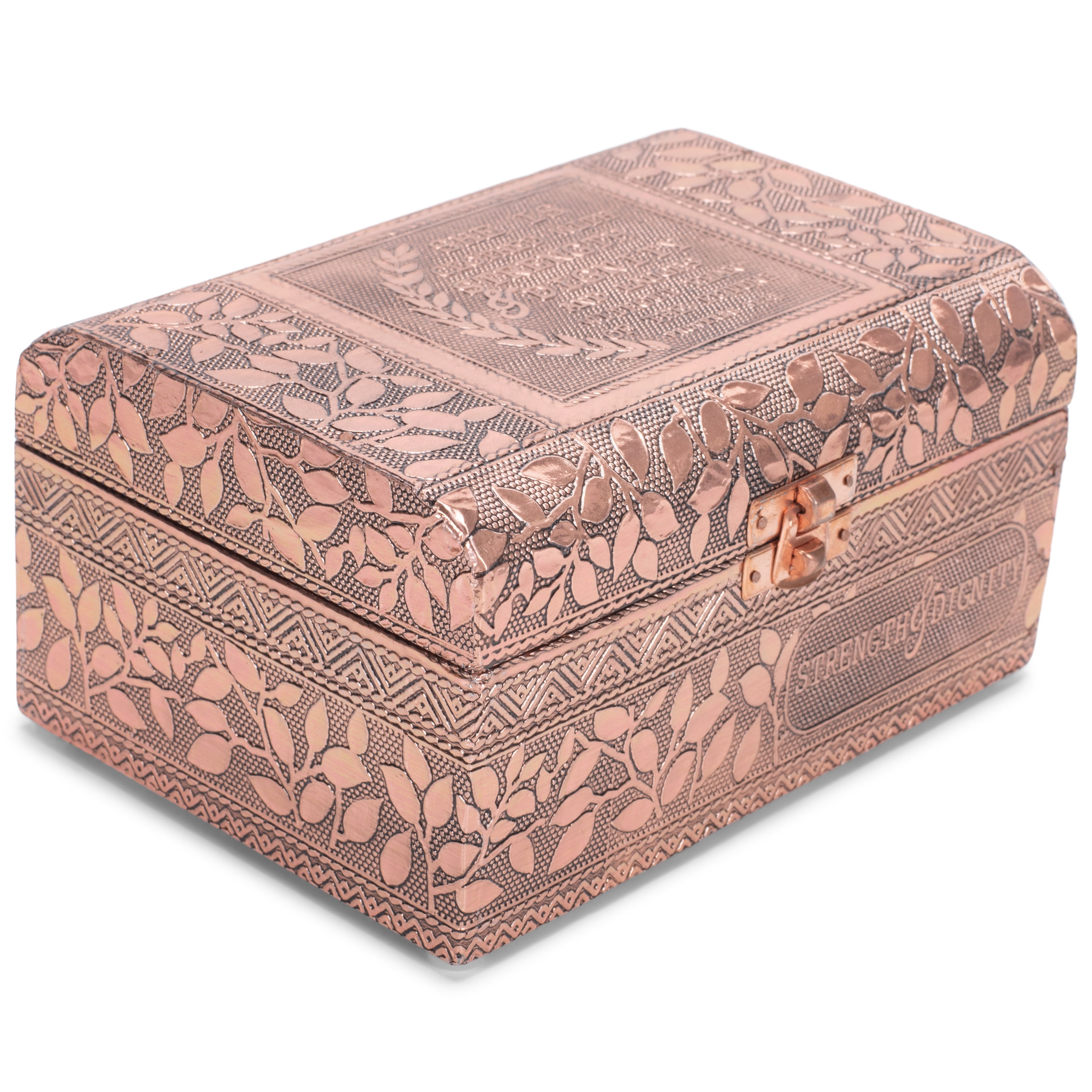 Cottage Garden Strength Copper Tone Metal Stamped Round Top Trunk ...