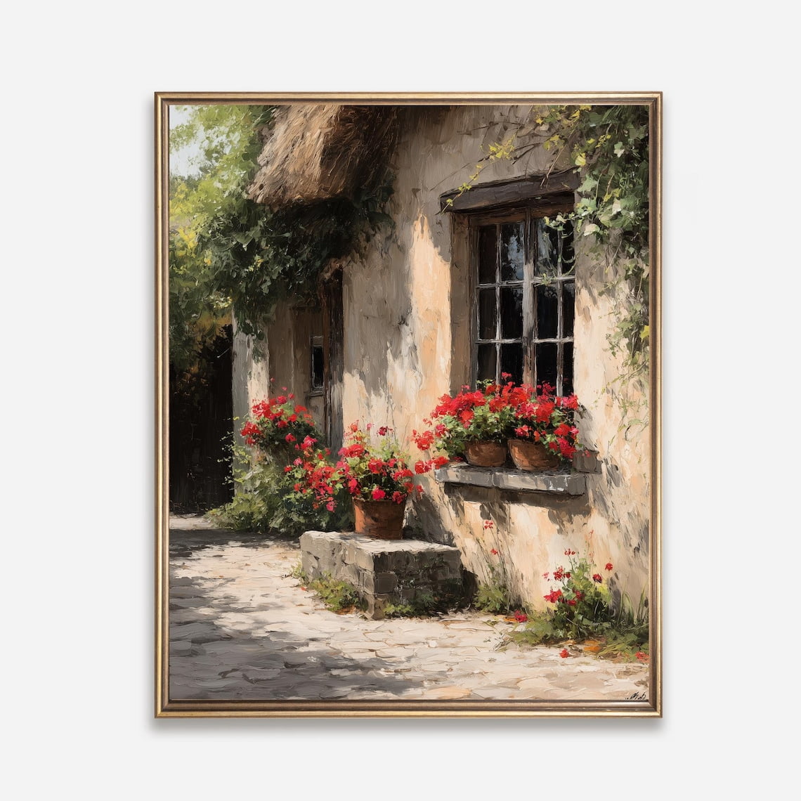 Cottage Garden Wall Art Rustic House with Red Flowers Decor, Unframed ...