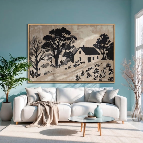Cottage Poster, Black And Beige Rural Landscape Wall Art UNFRAMED ...