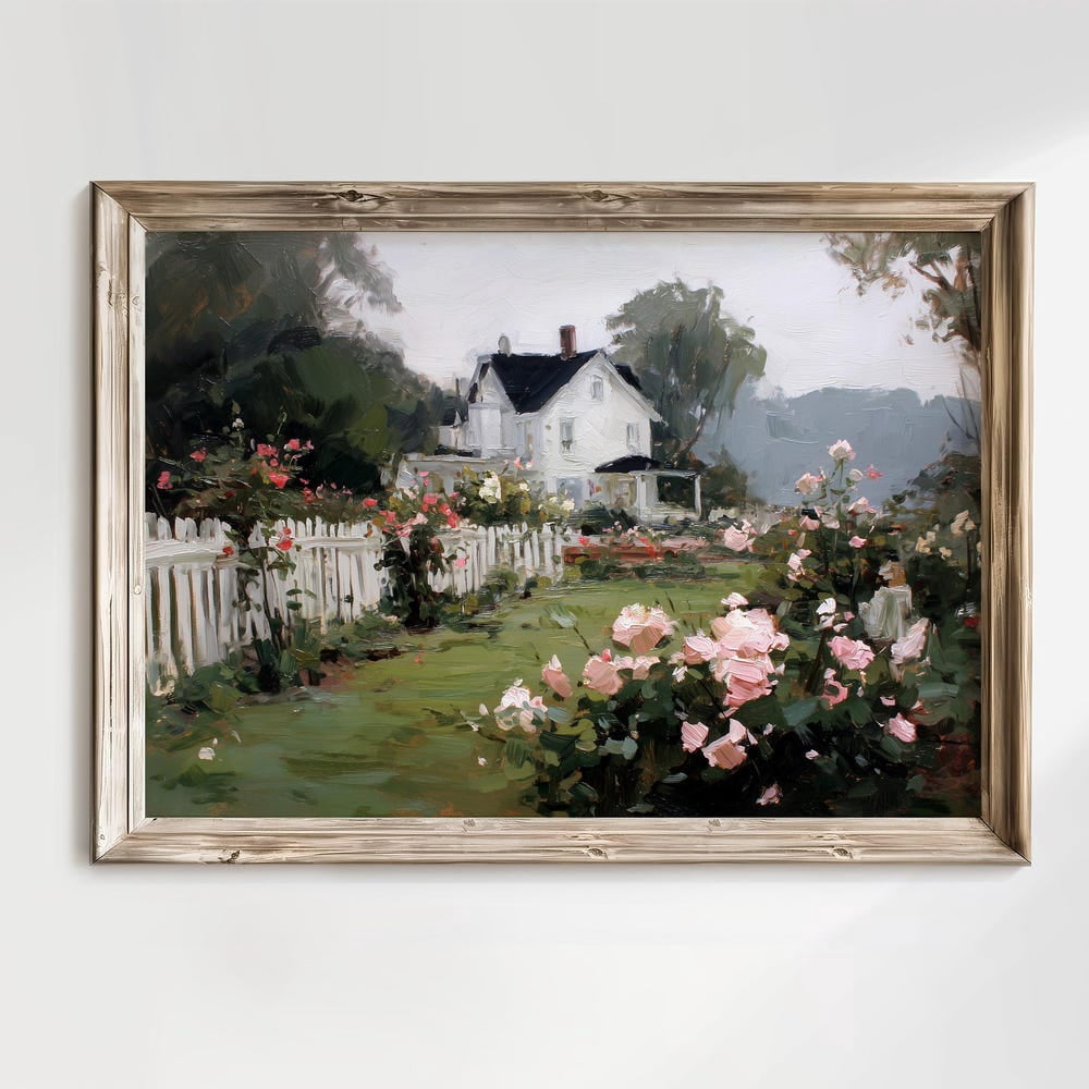 Cottage Rose Garden Vintage Muted Painting Oil Wall Art Cottagecore ...