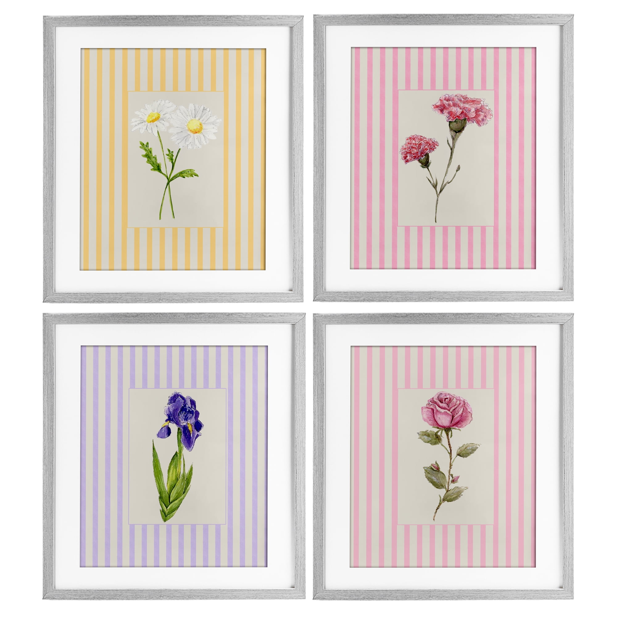 Cottage Stripe Sprigs 4 Piece Gray Framed Print Under Glass Set, design ...