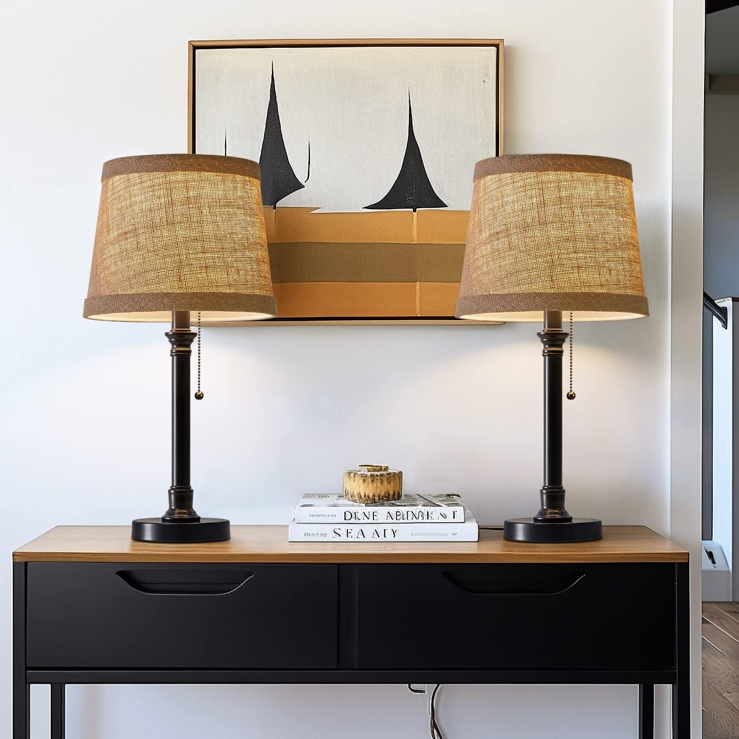 Cottage Style Black Pull Chain Table Lamps Set of 2 for Bedroom Living ...