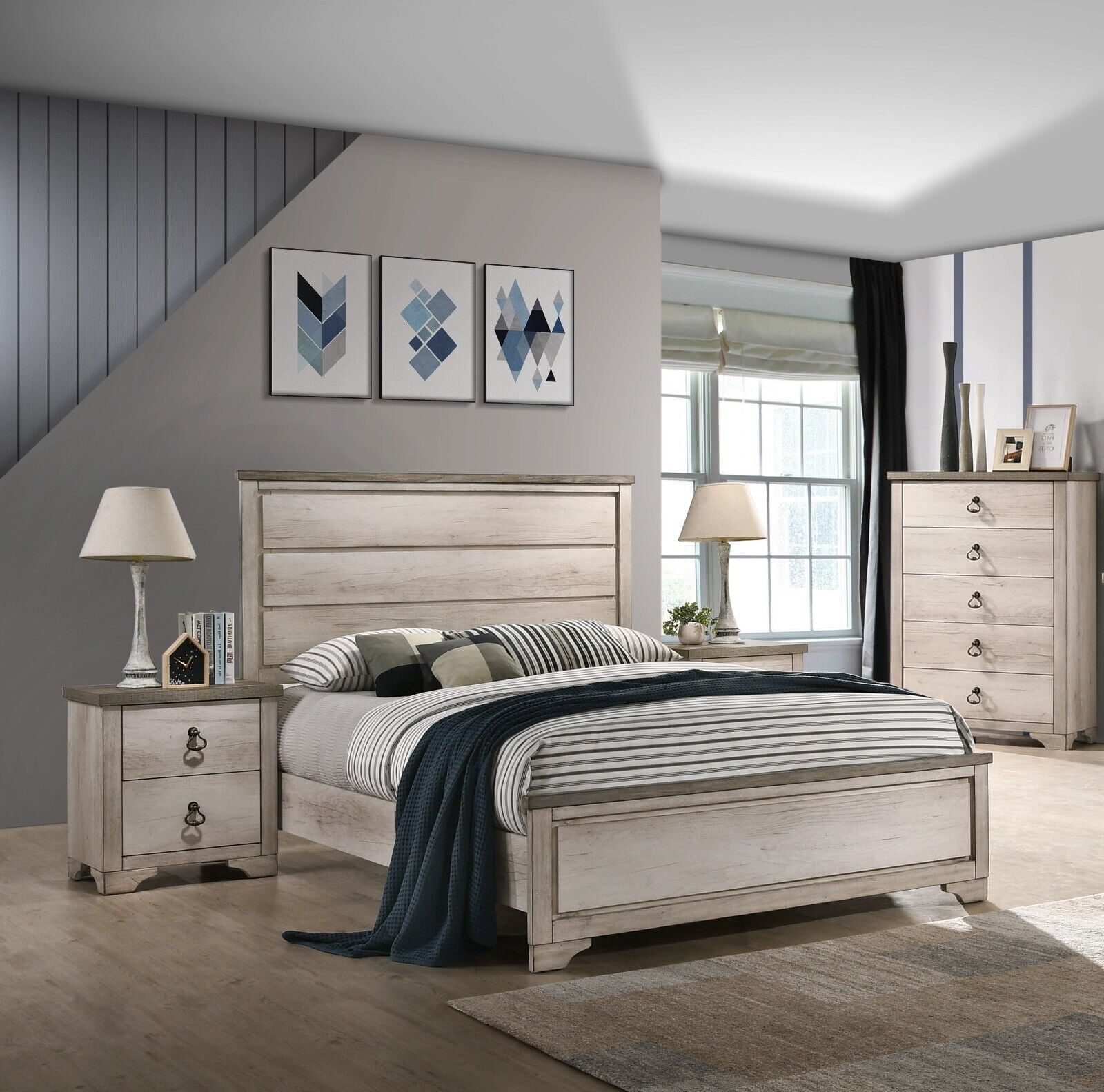 Cottage Style Two Tone Rustic Finish 3pc King Size Bed Chest Nightstand ...