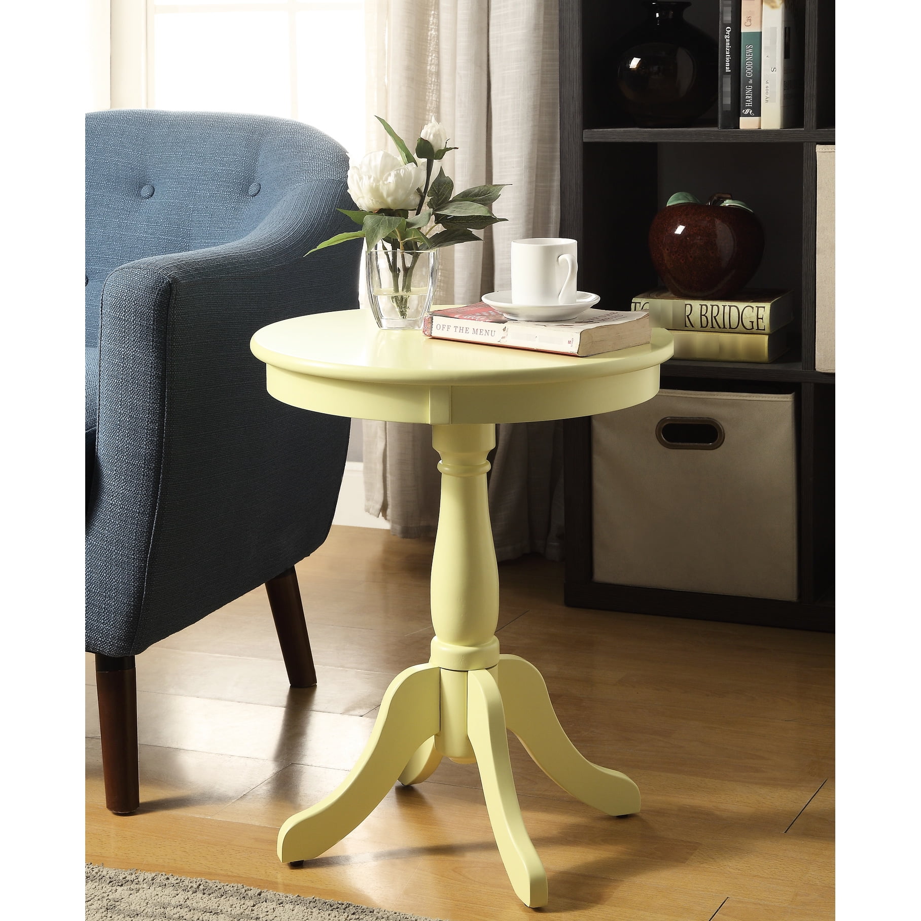 Cottage Style Yellow Accent Table With 4-legged Pedestal And Top Round Turned Upper Legs ...