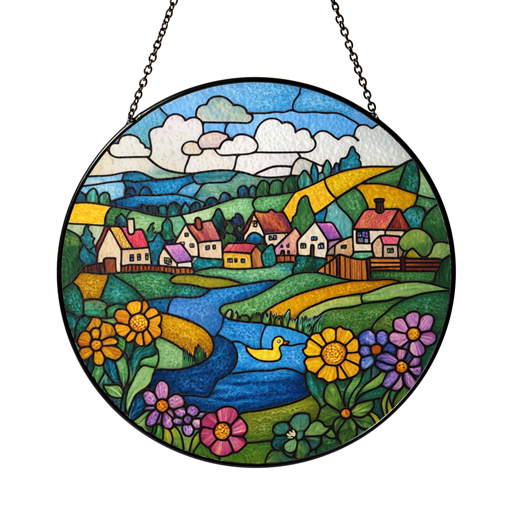 Cottage Village Round Suncatcher – Stained Glass Style Lake Window ...