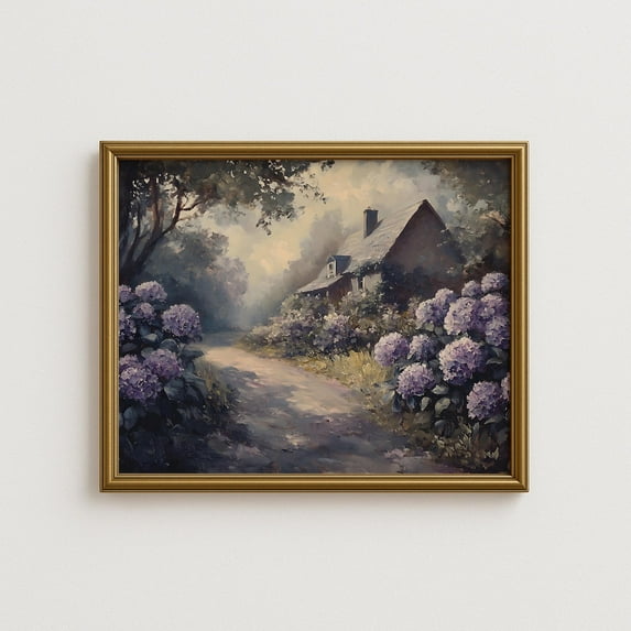 Cottage Wall Art, Dreamy Of Cottage Garden Path With Purple Hydrangeas ...